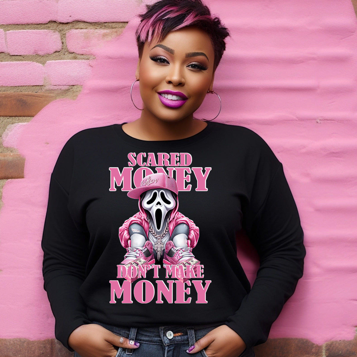 Scared Money Pink Ghost DTF Transfer - white outline – dtftransfers247