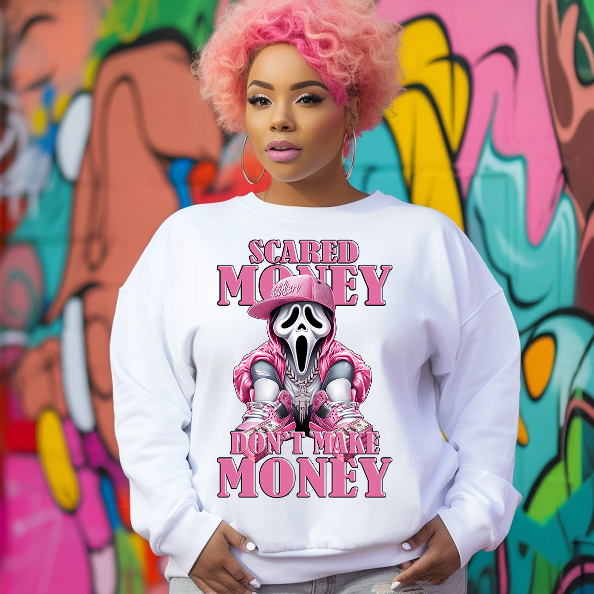 Scared Money Pink Ghost DTF Transfer - black outline – dtftransfers247
